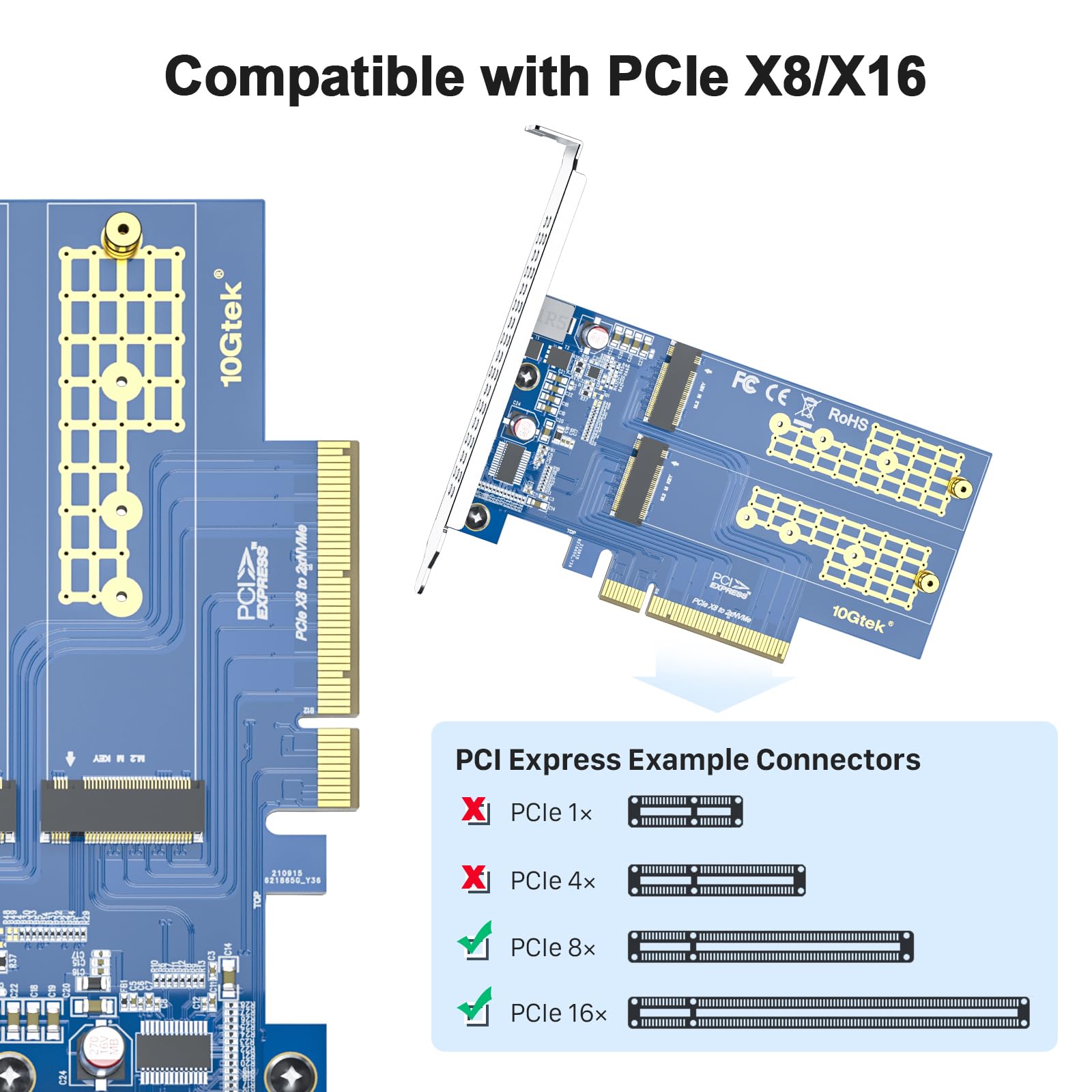 10Gtek 2-Port M.2 NVMe Adapter M-Key, PCIe X8 Gen3. Requires Motherboard BIOS Support for Bifurcation