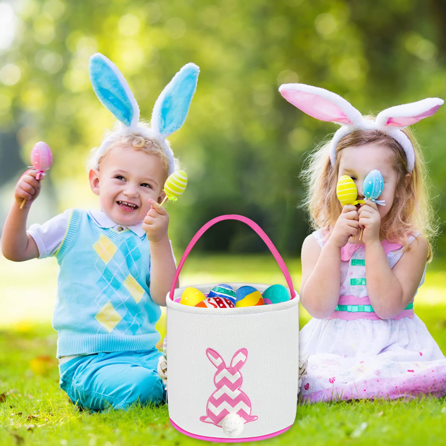 Easter Bunny Basket Bags for Kids, Easter Gift Bags Canvas Cotton Carrying Eggs Hunt Bag, Kids Bunny with Fluffy Tails Tote Bag for Easter Decorations-Pink