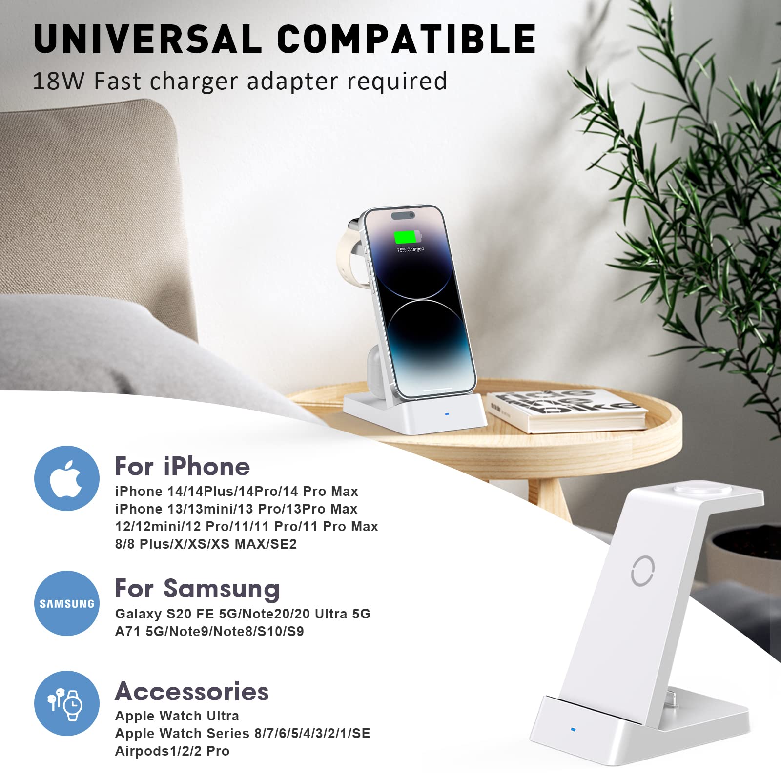 Wireless Charging Station,18W Fast Wireless Charger Compatible with iPhone 14/13/12/11/Pro/Max/SE/XS/XR/X/8 Plus/8, 3 in 1 Wireless Charging Dock Stand for Apple Watch Series & Airpods (with Adapter)