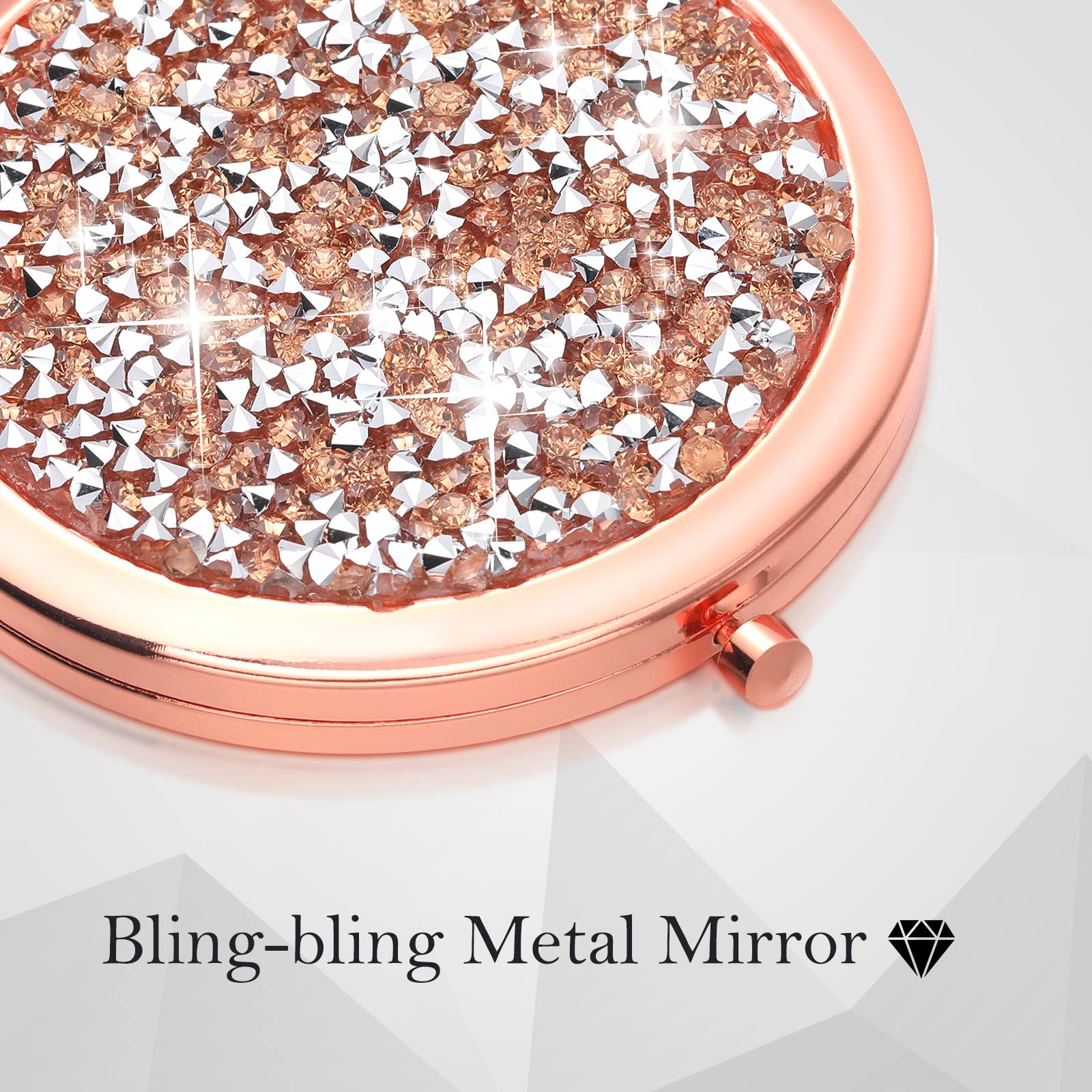 Yulejo 6 Pieces Magnifying Compact Cosmetic Mirror Mini Diamond 1X/ 2X Makeup Mirror 2.75 Inch Round Pocket Travel Makeup Folding Small Purse Size Mirror for Women Girls Bridesmaid Gift(Rose Gold)