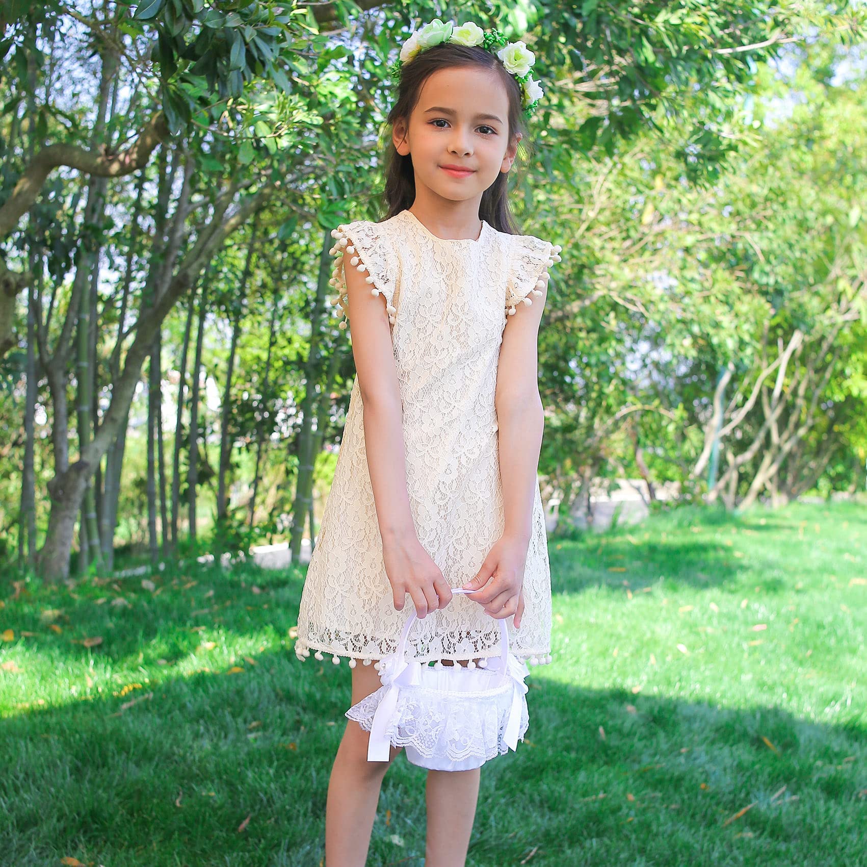 Boho Lace Flower Girl Dress,Toddler Girls Flutter Sleeve Fall Elegant Formal Tutu Pom Dresses for Wedding Guest Baby Girl Christening Easter Birthday Outfit 2t Cream