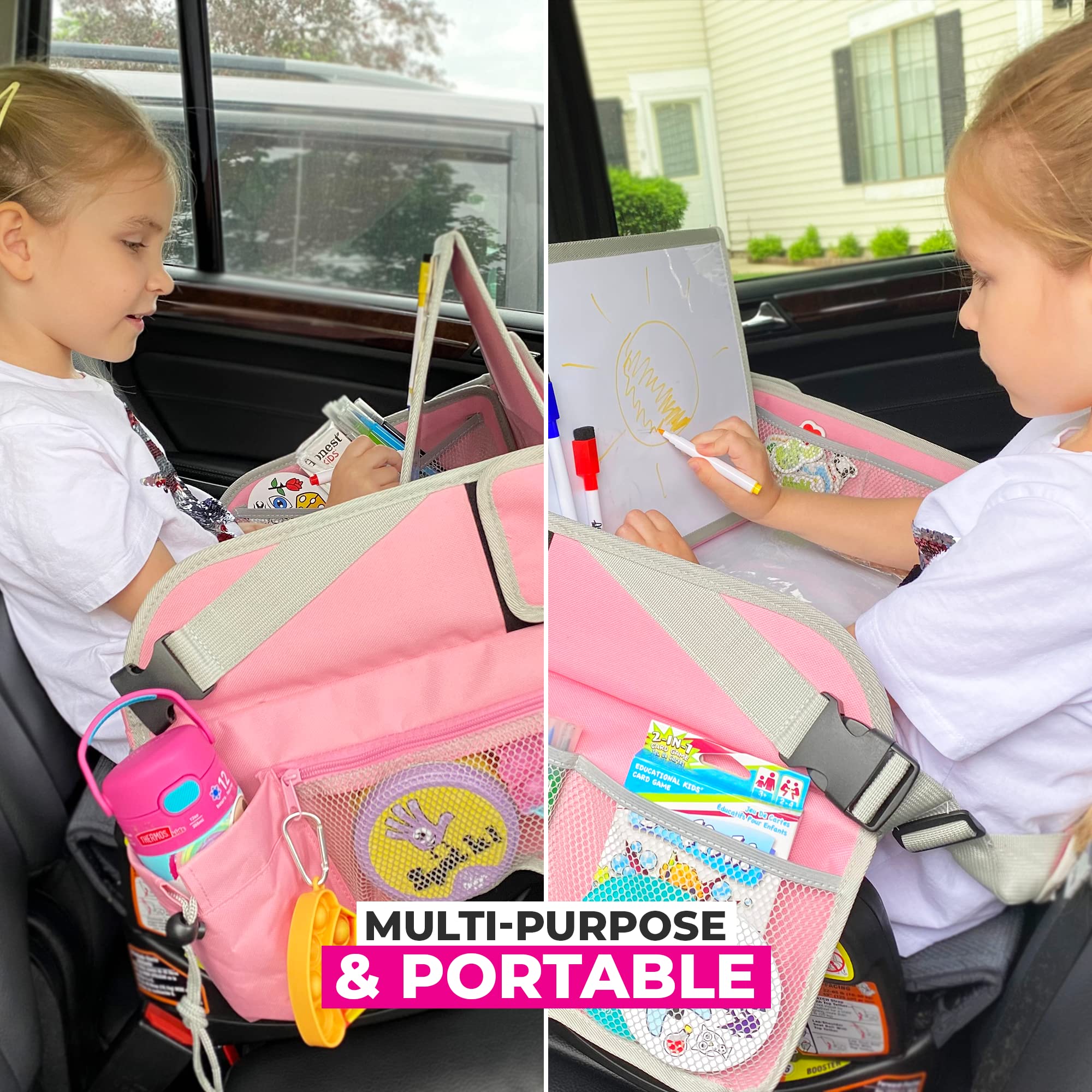 Activitee time Kids Car Seat Tray for Travel - Trip Essentials, Portable Table for Eating & Activities, w/ Multiple Pockets for Toys - Ages 2-8, Pink