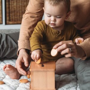 Wooden Coins for Montessori Object Permanence Coin Box - Chunky Wood Replacement Coin Set - Wooden Tokens for Counting - Montessori Toys for 1 Year Old - Infant Developmental Coin Drop Toys