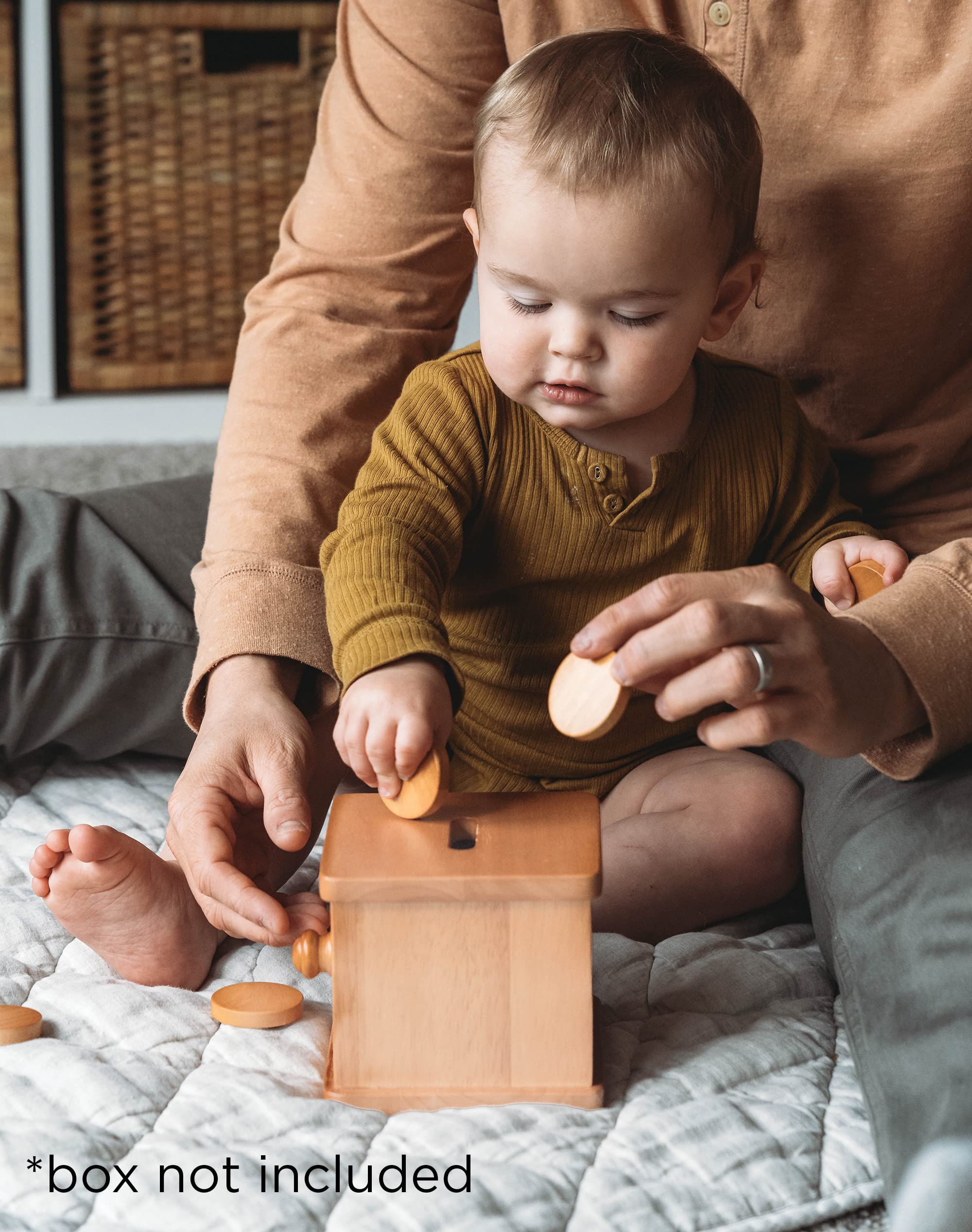 Wooden Coins for Montessori Object Permanence Coin Box - Chunky Wood Replacement Coin Set - Wooden Tokens for Counting - Montessori Toys for 1 Year Old - Infant Developmental Coin Drop Toys