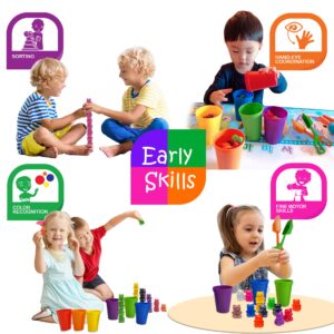 Skoolzy Stacking Toddler Peg Board 38 Piece Set and Rainbow Sorting Bears with Matching Cups 69 Piece Set Montessori Occupational Therapy Toddler Toys Kit with Storage Bags and eBook