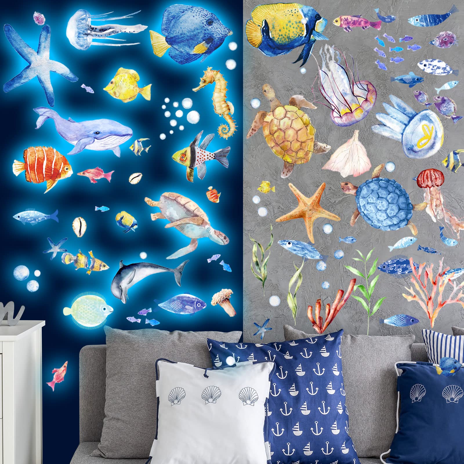 116 Pieces Glow in The Dark Under Ocean Wall Decals Sea Life Animals Wall Stickers Kids Wall Decals Removable Waterproof Peel and Stick for Boys Kids Bathroom