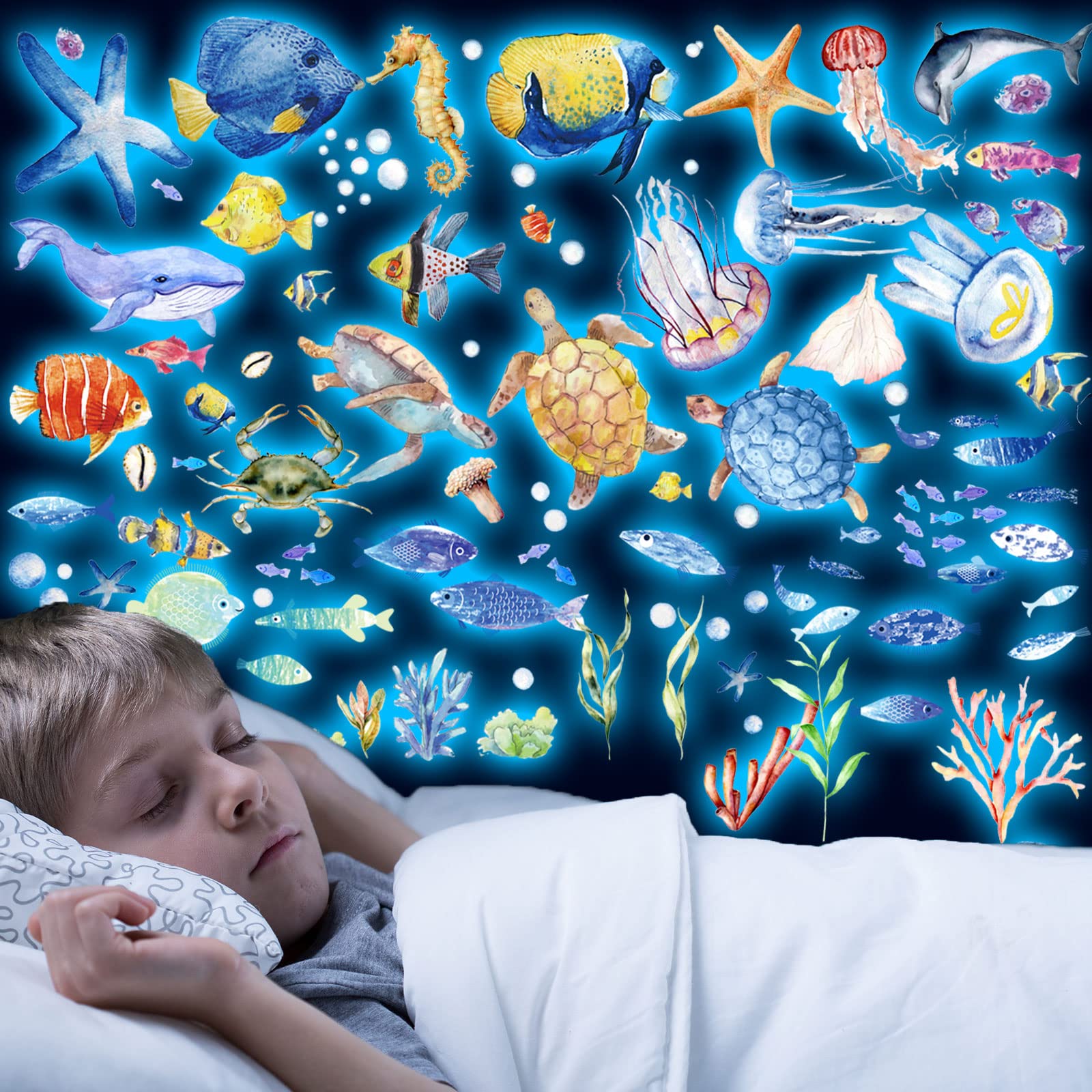 116 Pieces Glow in The Dark Under Ocean Wall Decals Sea Life Animals Wall Stickers Kids Wall Decals Removable Waterproof Peel and Stick for Boys Kids Bathroom