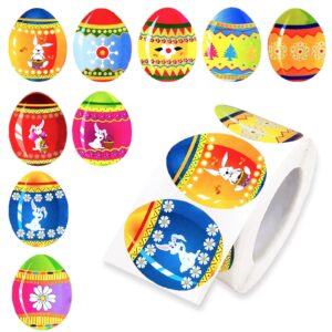 500pcs easter eggs for kids stickers roll, 9 patterns of self-adhesive egg bunny stickers for gift bags envelopes easter baskets and holiday parties