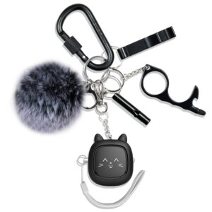 keychain set for girls with personal alarm, funseeya keychain accessories with personal sound siren, cute pom pom, locking carabiner clip and whistle