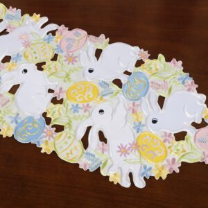 Easter Table Runner Spring Bunnys Flowery Table Runner Cutwork Embroidered Floral and Bunnys Dresser Scarf Table Topper Home Kitchen Dining Tabletop Decoration (Runner 13"×36", Bunny)