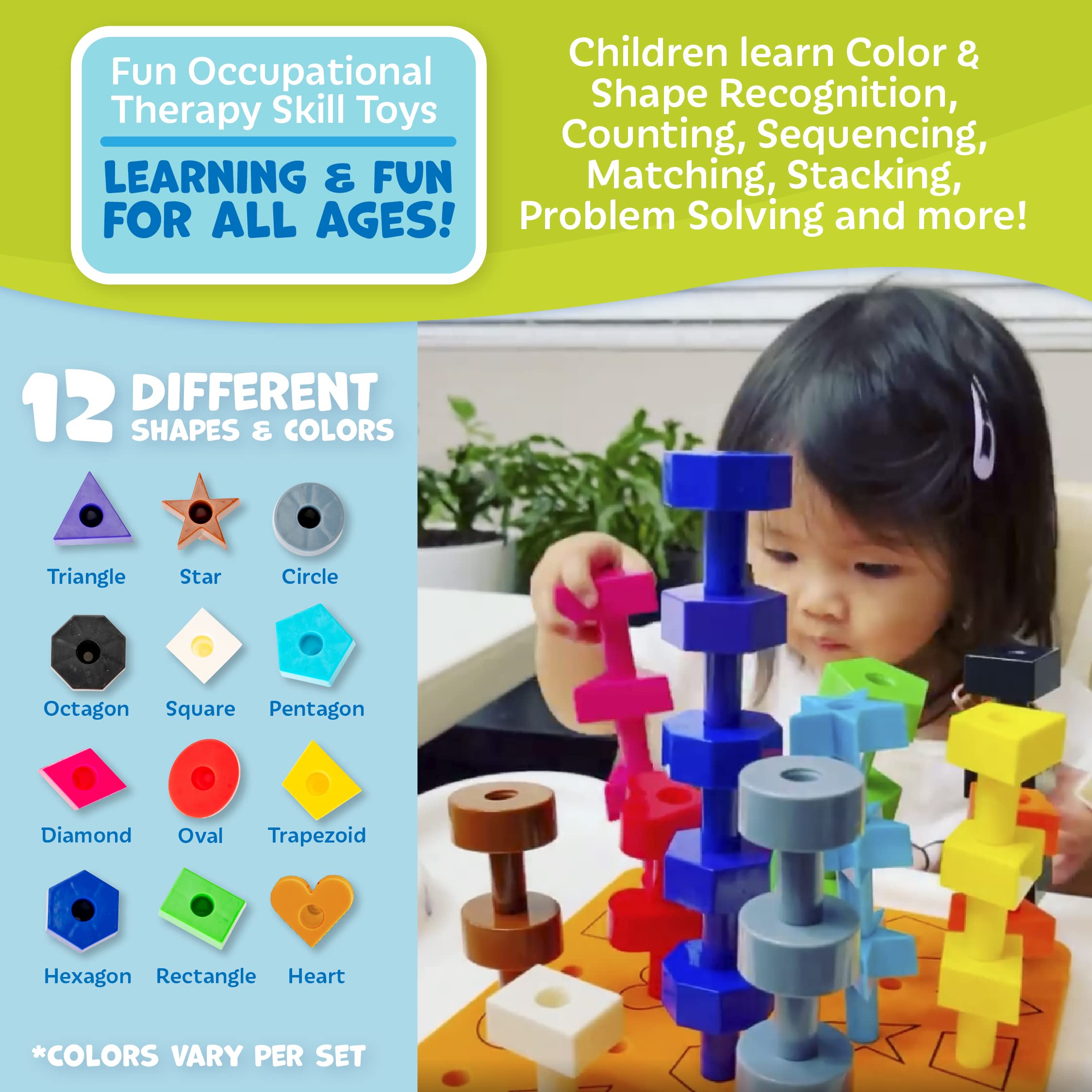 Skoolzy Stacking Toddler Peg Board 38 Piece Set and Rainbow Sorting Bears with Matching Cups 69 Piece Set Montessori Occupational Therapy Toddler Toys Kit with Storage Bags and eBook