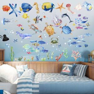 116 Pieces Glow in The Dark Under Ocean Wall Decals Sea Life Animals Wall Stickers Kids Wall Decals Removable Waterproof Peel and Stick for Boys Kids Bathroom