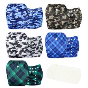 wegreeco cloth diapers 5 pack with 5 inserts, washable cloth diapers for babies, one size adjustable reusable diapers baby (camo & plaid)