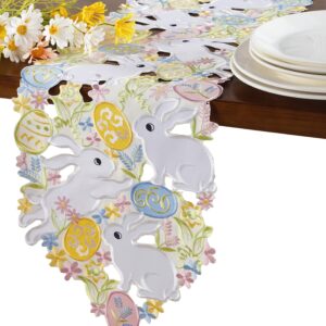 Easter Table Runner Spring Bunnys Flowery Table Runner Cutwork Embroidered Floral and Bunnys Dresser Scarf Table Topper Home Kitchen Dining Tabletop Decoration (Runner 13"×36", Bunny)