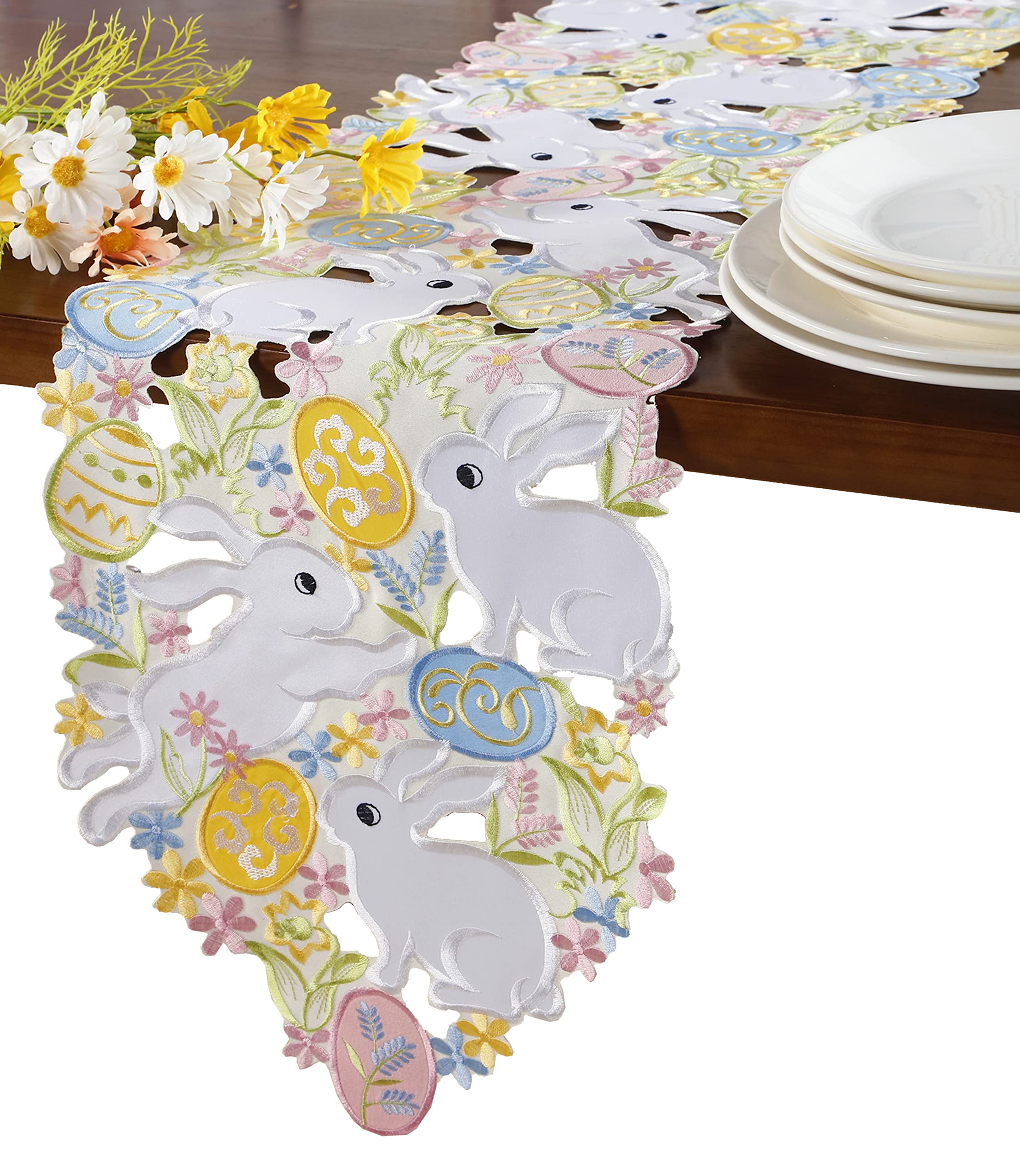 Easter Table Runner Spring Bunnys Flowery Table Runner Cutwork Embroidered Floral and Bunnys Dresser Scarf Table Topper Home Kitchen Dining Tabletop Decoration (Runner 13"×36", Bunny)