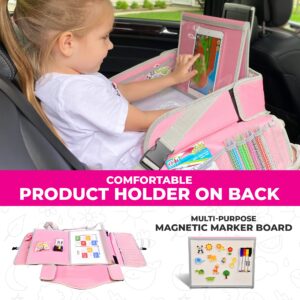 Activitee time Kids Car Seat Tray for Travel - Trip Essentials, Portable Table for Eating & Activities, w/ Multiple Pockets for Toys - Ages 2-8, Pink