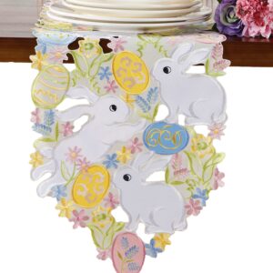 Easter Table Runner Spring Bunnys Flowery Table Runner Cutwork Embroidered Floral and Bunnys Dresser Scarf Table Topper Home Kitchen Dining Tabletop Decoration (Runner 13"×36", Bunny)