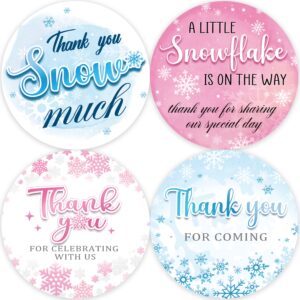 80 little snowflake thank you stickers, frozen party thank you snow much stickers, winter wonderland baby shower party favor labels