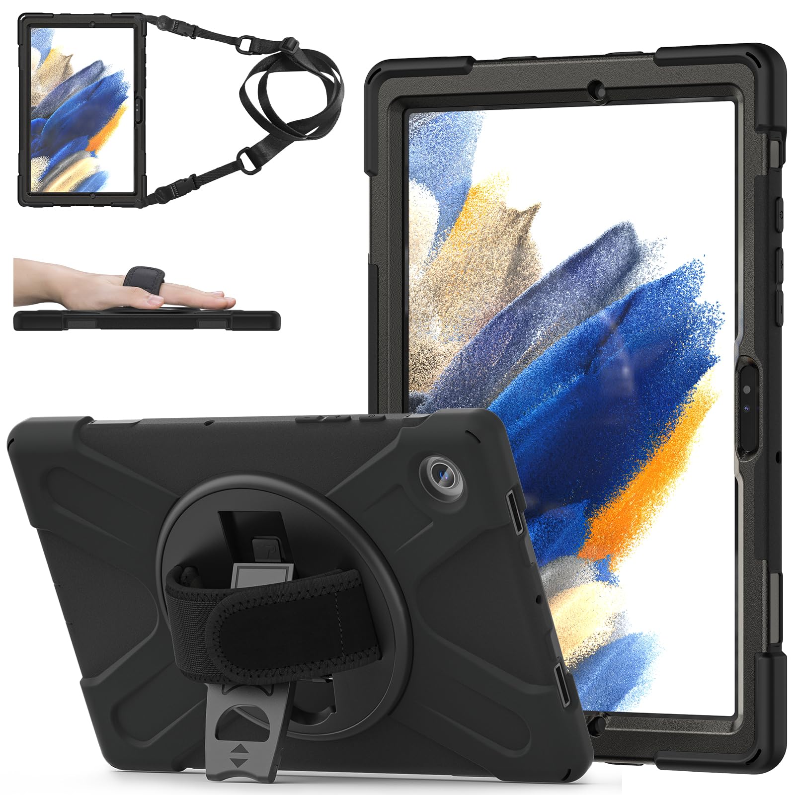 ZenRich Samsung Galaxy Tab A8 Case 10.5'' 2022 (SM-X200/X205/X207), Shockproof Case with 360 Rotating Stand/Hand Strap/Shoulder Strap Kids Students Galaxy Tab A8 10.5'' Tablet Case -Black