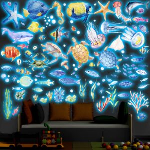 116 pieces glow in the dark under ocean wall decals sea life animals wall stickers kids wall decals removable waterproof peel and stick for boys kids bathroom