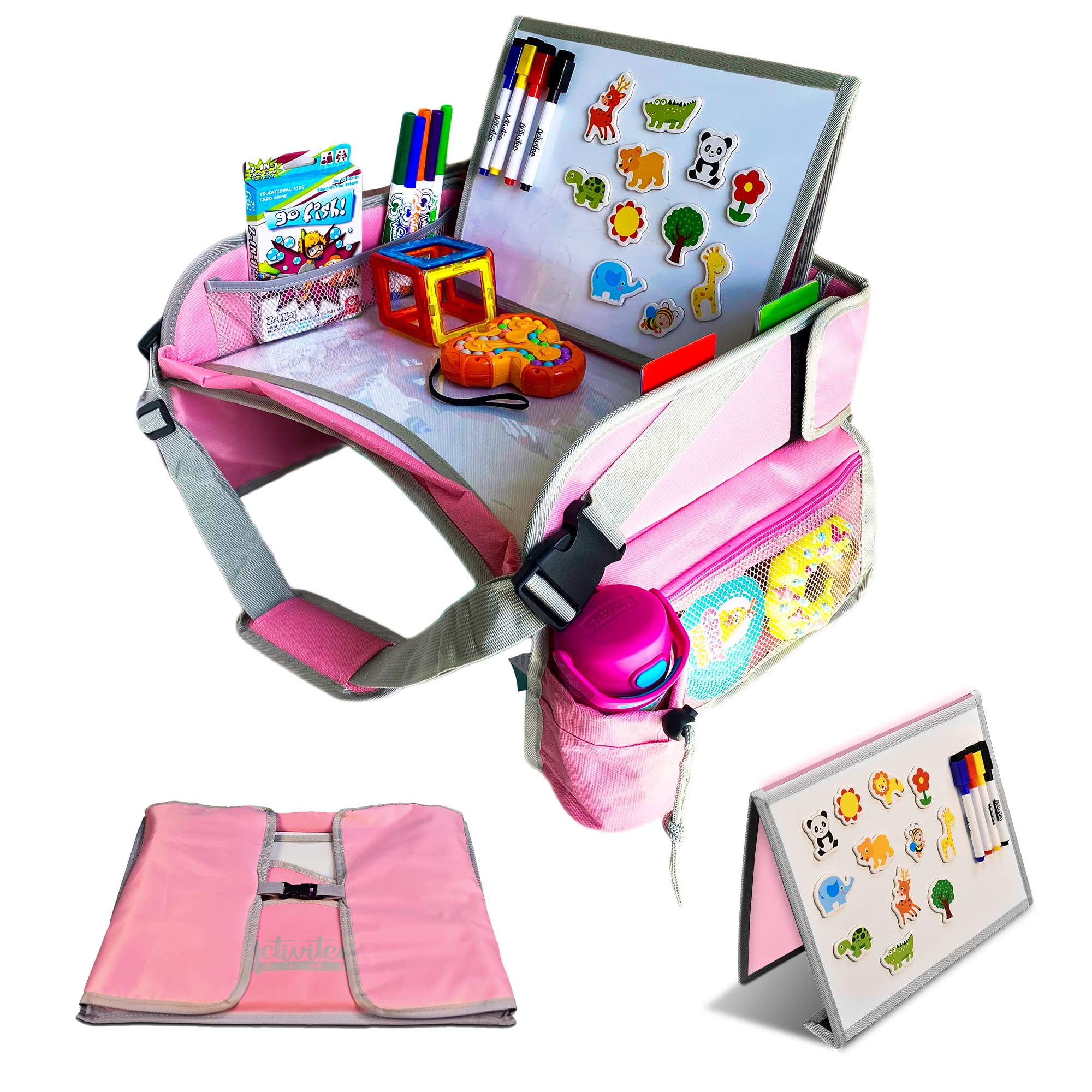 Activitee time Kids Car Seat Tray for Travel - Trip Essentials, Portable Table for Eating & Activities, w/ Multiple Pockets for Toys - Ages 2-8, Pink