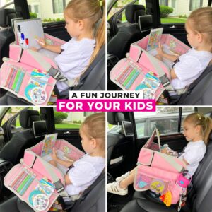 Activitee time Kids Car Seat Tray for Travel - Trip Essentials, Portable Table for Eating & Activities, w/ Multiple Pockets for Toys - Ages 2-8, Pink