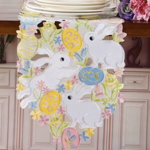 Easter Table Runner Spring Bunnys Flowery Table Runner Cutwork Embroidered Floral and Bunnys Dresser Scarf Table Topper Home Kitchen Dining Tabletop Decoration (Runner 13"×36", Bunny)