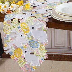 Easter Table Runner Spring Bunnys Flowery Table Runner Cutwork Embroidered Floral and Bunnys Dresser Scarf Table Topper Home Kitchen Dining Tabletop Decoration (Runner 13"×36", Bunny)