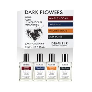 demeter fragrance's dark flowers humongous miniature set of 4 - witching hour - dark roses - vampire blooms - transfixed - perfume sampler set for women