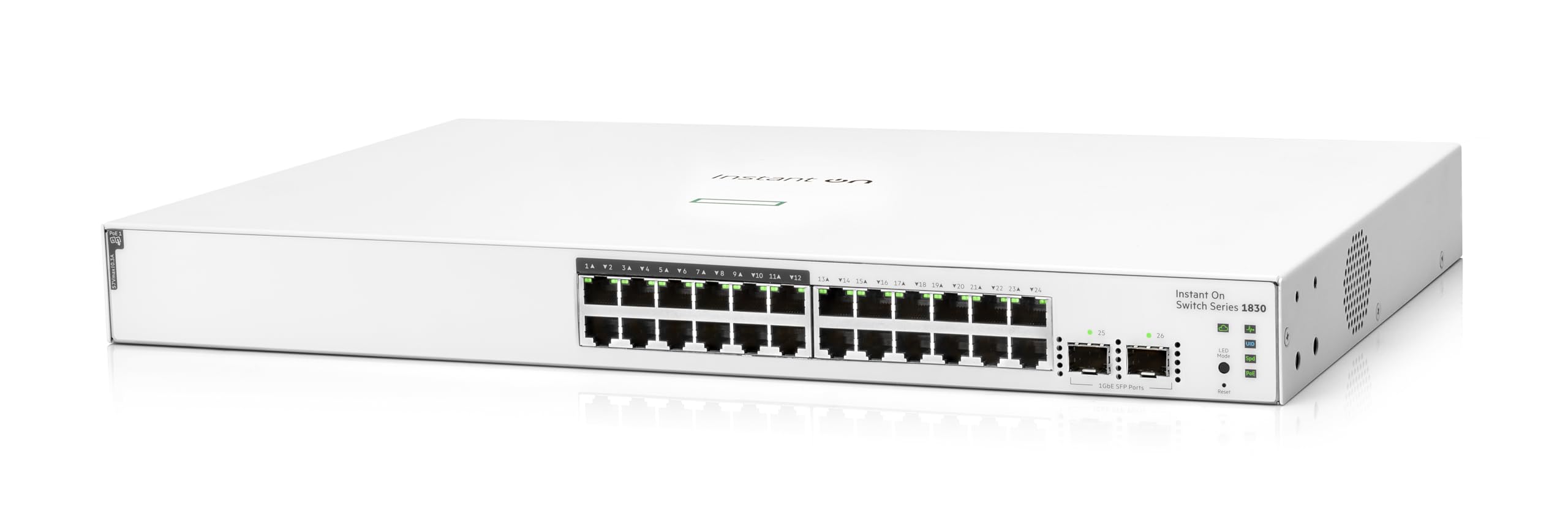 HPE Networking Instant On Switch Series 1830 24-Port Gb Smart-Managed Layer 2 Ethernet Switch with PoE | 24x 1G | 2X SFP | 12x CL4 PoE (195W) | Fan-Less | US Cord (JL813A#ABA)