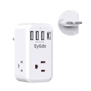 european travel plug adapter, eygde international travel power adater 3 american outlets with 1 usb type c and 3 usb charger, us to eu plug adapter for france, germany, greece, italy, israel, spain