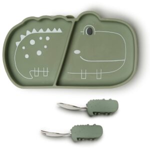 loulou lollipop toddler silicone suction snack plate, learning fork and spoon set (alligator)