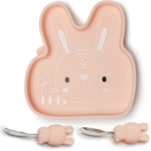 loulou lollipop toddler silicone suction snack plate, learning fork and spoon set (bunny)