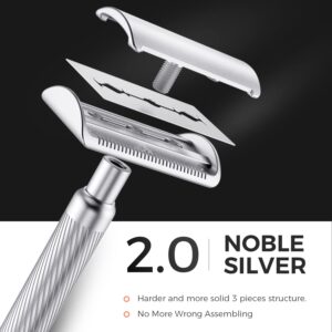 ZOMCHI Double Edge Safety Razor for Men & Women, Premium Metal Razor with 10 Double Edge Safety Razor Blades,Single Blade Razor – Noble Silver