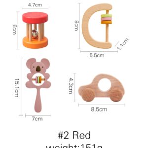 Promise Babe Wooden Baby Toys 4pcs Rattles Set Baby Toys Montessori Toys for Babies,Red