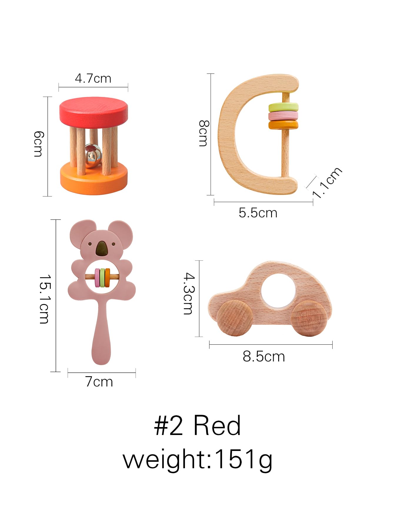 Promise Babe Wooden Baby Toys 4pcs Rattles Set Baby Toys Montessori Toys for Babies,Red