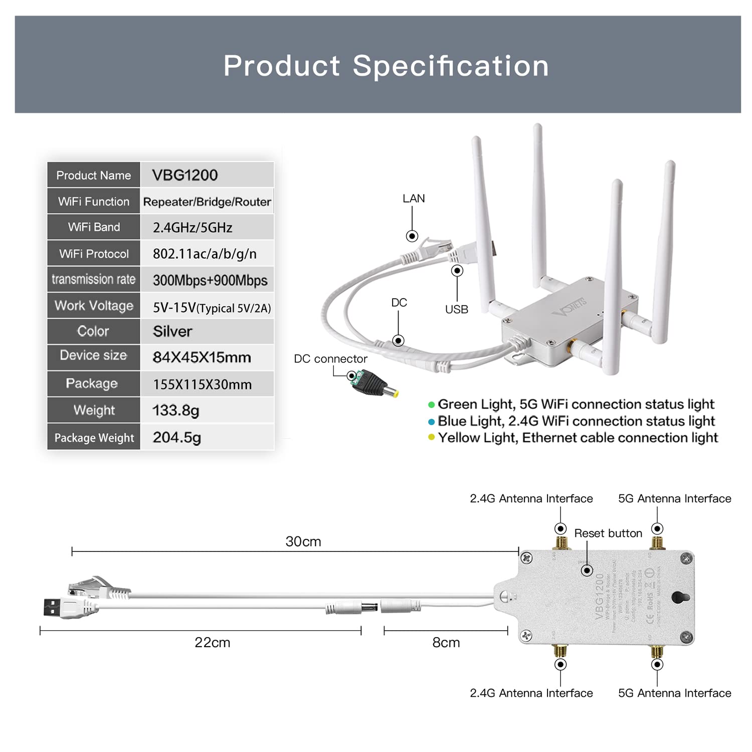 Vonets VBG1200 2.4GHz/5GHz Mini WiFi Bridge Ethernet/Wireless Repeater/Router/WiFi Signal Range Extender Industrial Powered by DC/USB with 1 RJ45 Male for DVR IP Camera