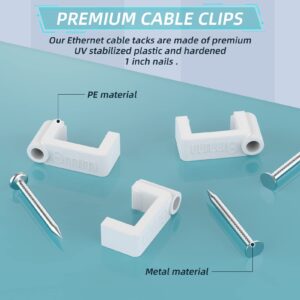 Cable Clips White - AOPOCKAN TECH 100 Pieces Ethernet Cable Clips with Steel Nails 8mm Cord Holder for Cat8 Cat7 Cat6 Round Ethernet Cable - 0.32 inch