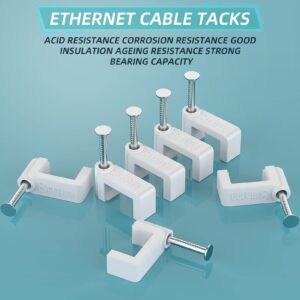 Cable Clips White - AOPOCKAN TECH 100 Pieces Ethernet Cable Clips with Steel Nails 8mm Cord Holder for Cat8 Cat7 Cat6 Round Ethernet Cable - 0.32 inch