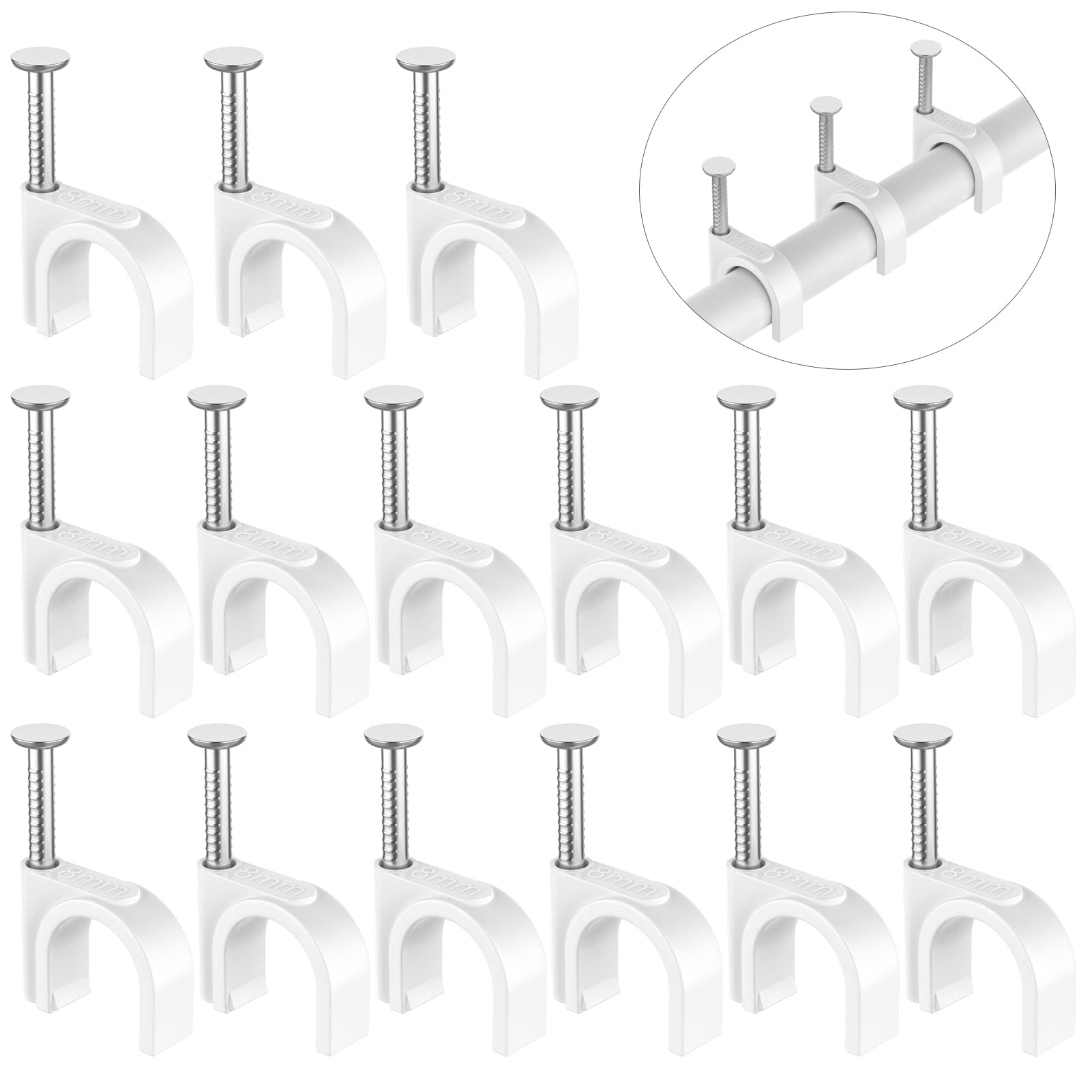 Cable Clips White - AOPOCKAN TECH 100 Pieces Ethernet Cable Clips with Steel Nails 8mm Cord Holder for Cat8 Cat7 Cat6 Round Ethernet Cable - 0.32 inch