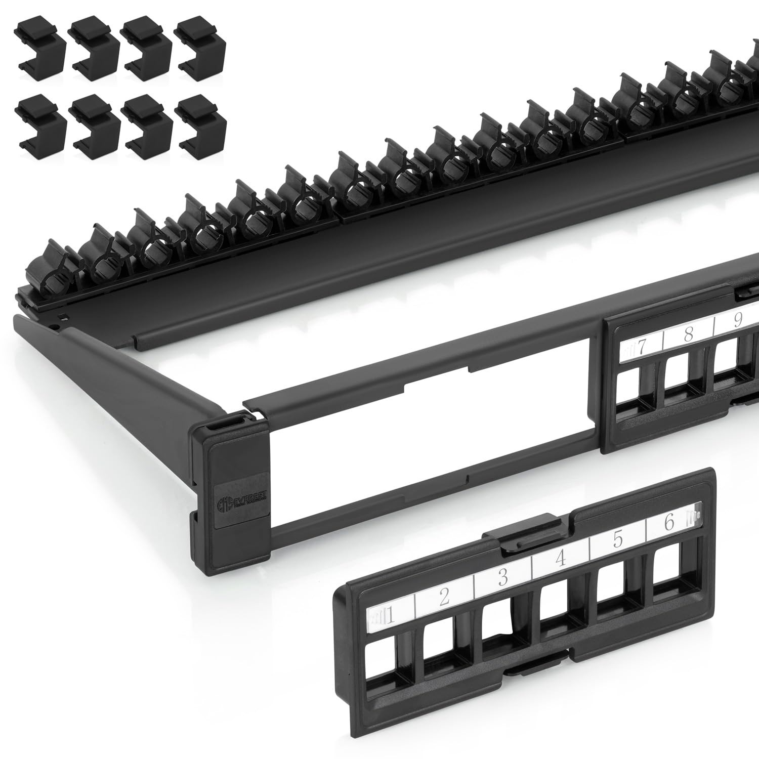 Everest 24 Port Keystone Patch Panel (4-Pack) - Removable 6-Port Panels - Use with Slim Profile Keystones ONLY (Wider Jacks May not fit Side by Side) - with Adjustable Rear Cable Management Bar