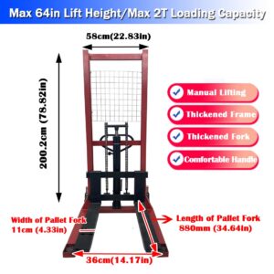 EQCOTWEA 2T Manual Forklift Pallet Stacker, 4400 lbs Capacity, 63-inch Lift Height, Adjustable Forks, Hydraulic System Stacker, Hand Operated Pallet Forklift for Lifting Single-Sided Pallets