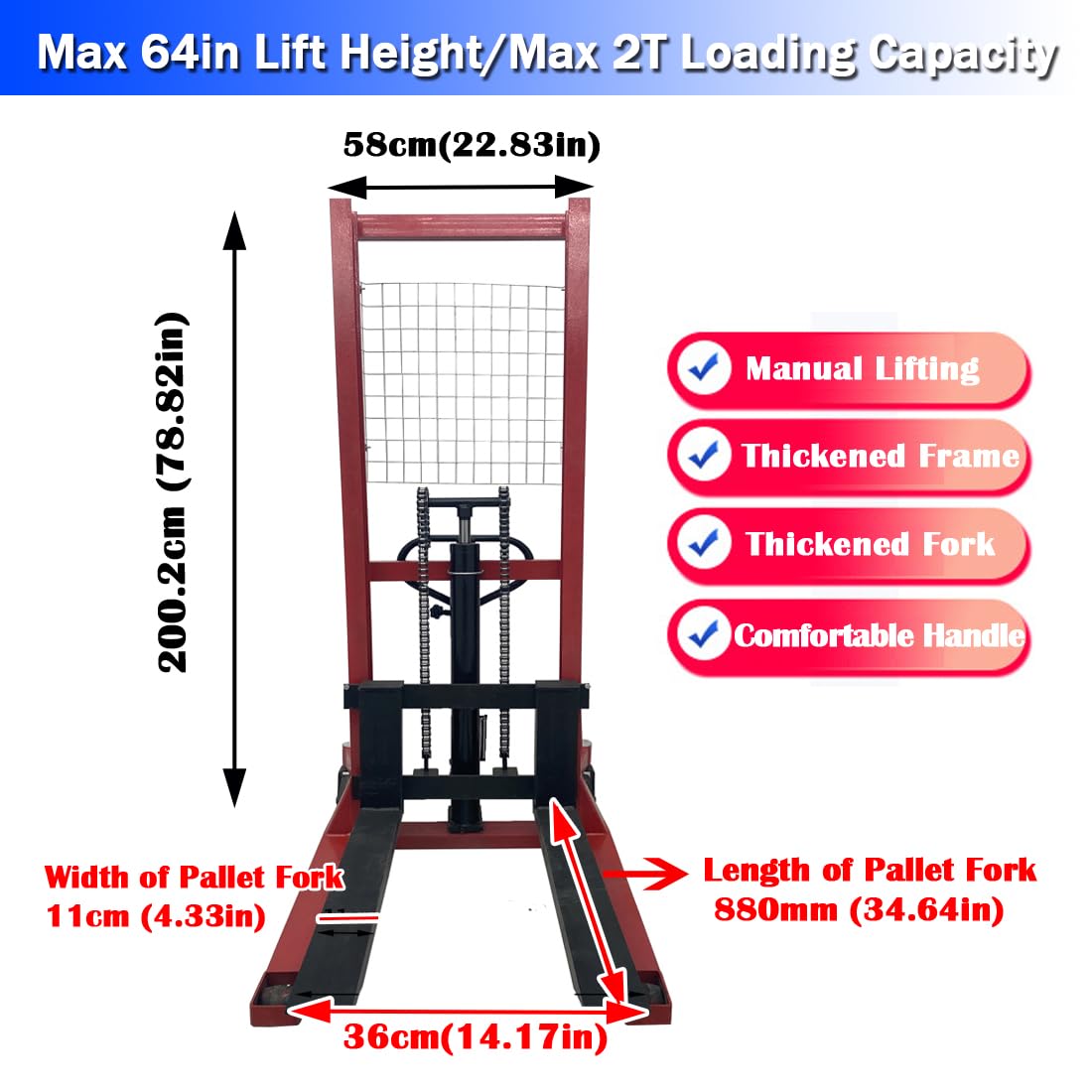 EQCOTWEA 2T Manual Forklift Pallet Stacker, 4400 lbs Capacity, 63-inch Lift Height, Adjustable Forks, Hydraulic System Stacker, Hand Operated Pallet Forklift for Lifting Single-Sided Pallets