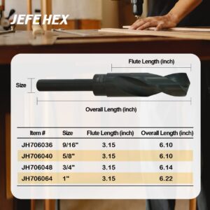 Jefe Hex Reduced Shank Industrial Drill Bit, 5/8 Inch Silver and Deming Drill Bits, HSS Black Oxide Finish Drill Bits, 135-Degree Split Point, Zinc Alloy, Wood and Plastic