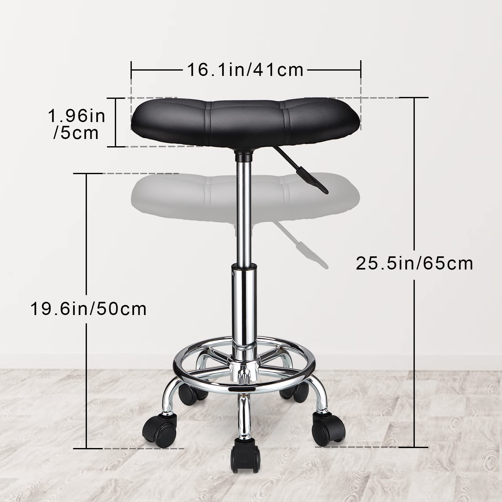 HMTOT Square Rolling Stool with Wheels Height Adjustable Swivel Stools Black