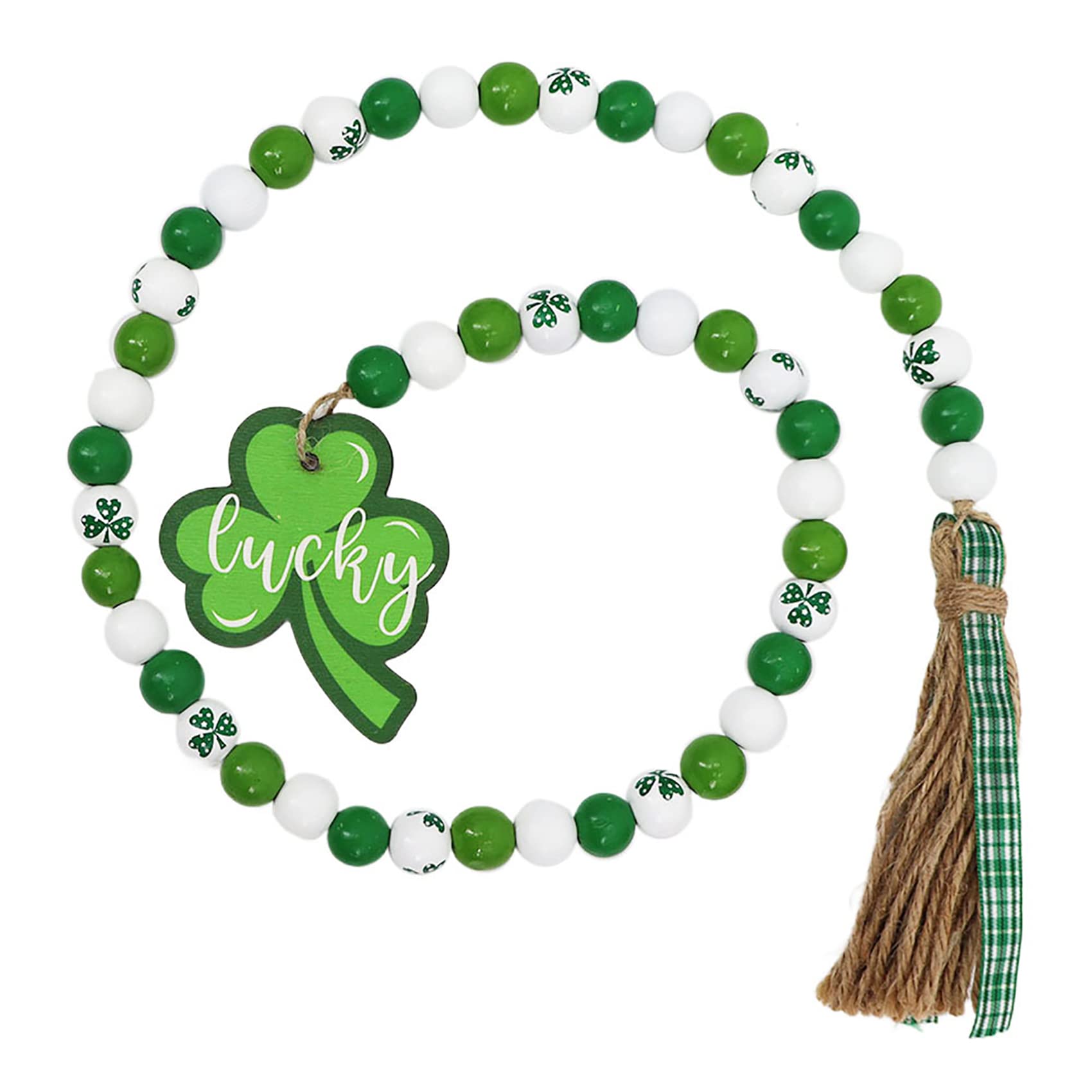 TOOFD 33.5 inch St.Patrick's Day Shamrock Wood Bead Garland with Tassels Ornaments, Green Lucky Clover Wooden Beads Garland Farmhouse Tiered Tray Wall Hanging Home Decor St.Patrick's Day Decoration