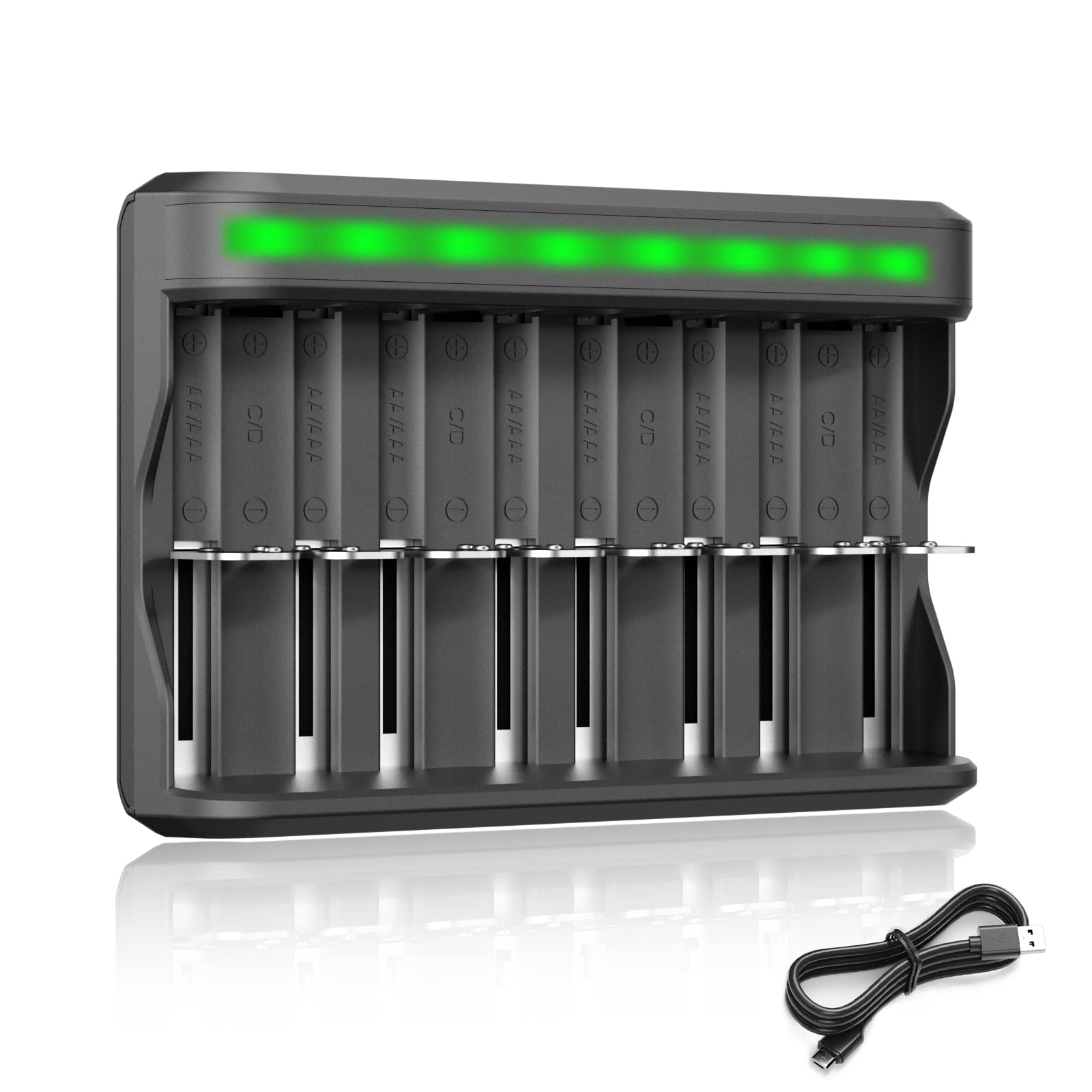 BONAI AA AAA C D SC Battery Charger with Detection Function, USB High-Speed Charging, Independent Slot, 8 Bay Household Battery Charger for Ni-MH Ni-CD Rechargeable Batteries