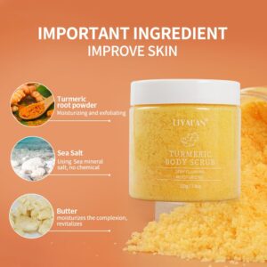 Liyalan Turmeric Body Scrub Moisturizing and Exfoliating Body, Face, Hand, Foot Scrub,Nourishes Skin,Deep Cleansing 7.8oz