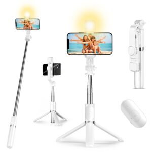 ambertronix 40" lighted selfie stick tripod, removable bluetooth remote, 3 light modes, 6 brightness levels, lightweight, portable, compatible with all iphone & android devices, white (2022upgrade)