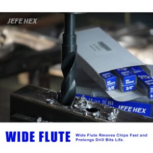 Jefe Hex Reduced Shank Industrial Drill Bit, 5/8 Inch Silver and Deming Drill Bits, HSS Black Oxide Finish Drill Bits, 135-Degree Split Point, Zinc Alloy, Wood and Plastic